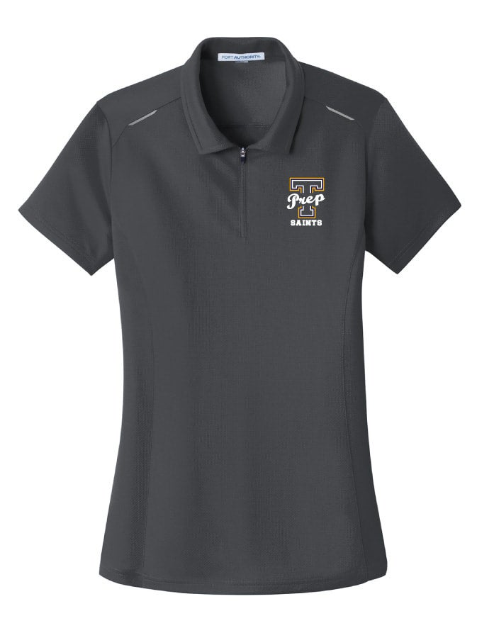 womens gray performance polo with SAINTS | Trinity Prep Spirit Wear